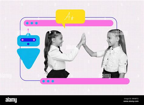 Full 3d Art Trend Collage Of Two Happy Classmates Schoolgirls Give High