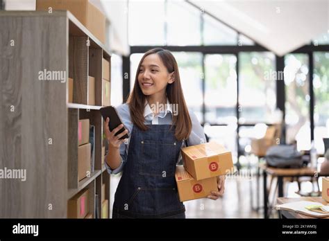 Attractive Asian Woman Hold Package Box Using Mobile Phone Checking