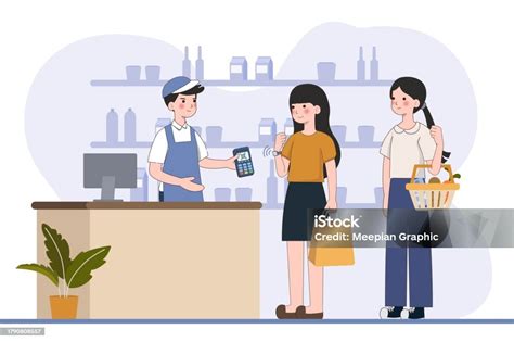 고객은 모바일 무현금 결제 시스템을 사용하거나 Qr 코드를 스캔합니다 스마트워치에서 가상 신용카드를 사용하는 캐릭터 Pos 단말기와 Nfc 기술로 직접 결제하세요 벡터