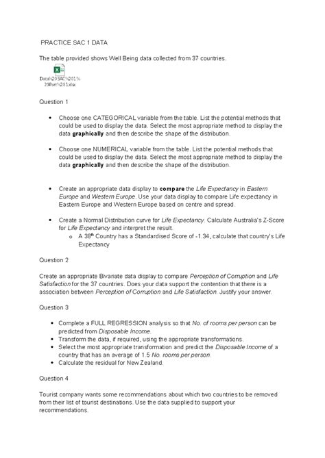 SAC Practice Task PRACTICE SAC DATA The Table Provided Shows Well Being Data Collected