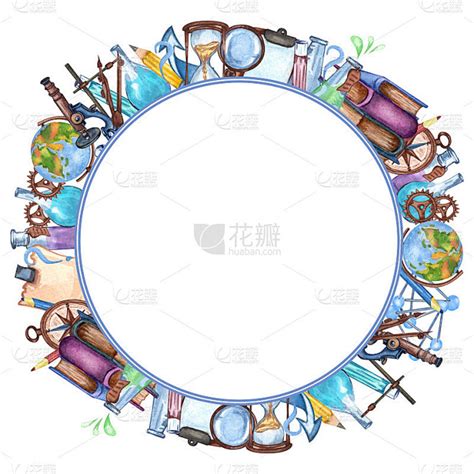 水彩画科学实验设备框架，显微镜，放大镜，沙漏，化学工具，书籍。手绘插图。学校的花环