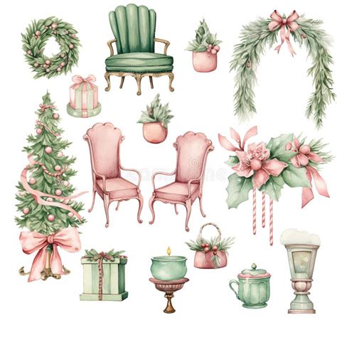 Watercolor Vintage Pink And Light Mint Colored Christmas Clipart Bundle