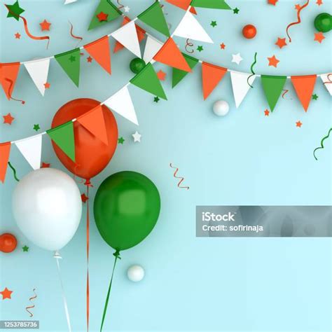 인도의 해피 독립 기념일 코트디부아르 아일랜드 인사말 카드 배너 템플릿 전단지 풍선 별과 리본 번팅 플래그 파란색 배경에 색종이 복사 공간 텍스트 3d 그림 15에 대한