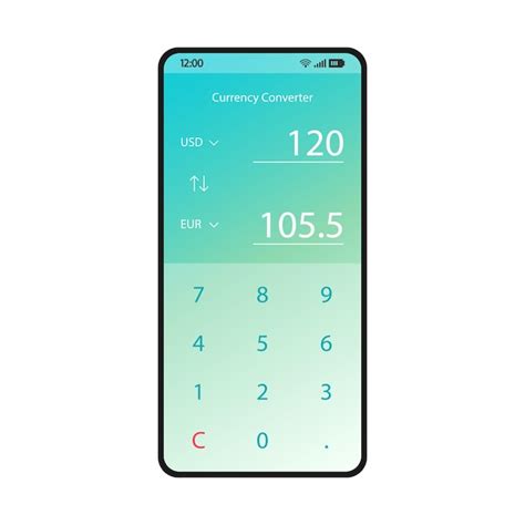 통화 변환기 앱 스마트폰 인터페이스 벡터 템플릿입니다 모바일 교환기 페이지 파란색 디자인 레이아웃입니다 돈 환산 계산기 화면입니다 플랫 그라디언트 Ui Usd