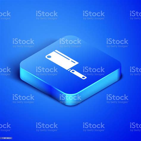 파란색 배경에 격리된 등각칭 고기 헬기 아이콘입니다 고기 부엌 칼입니다 정육점 칼 파란색 사각형 버튼입니다 벡터 일러스트레이션 가정 생활에 대한 스톡 벡터 아트 및 기타