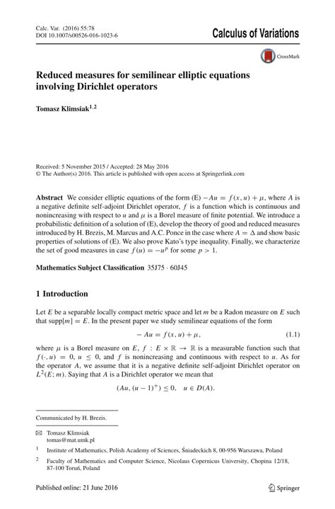 Pdf Reduced Measures For Semilinear Elliptic Equations Involving Dirichlet Operators