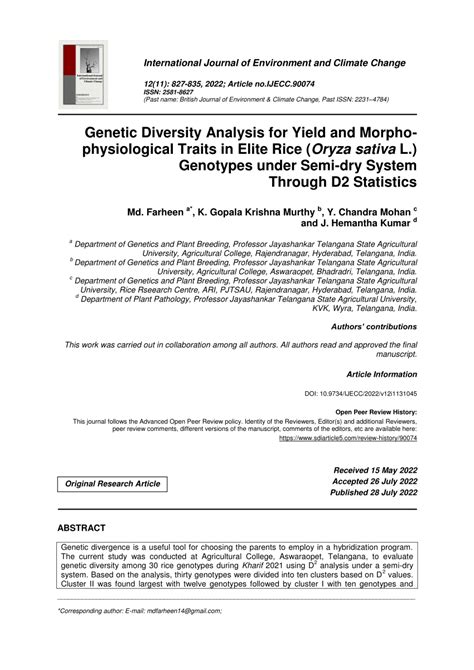 Pdf Genetic Diversity Analysis For Yield And Morpho Physiological Traits In Elite Rice Oryza