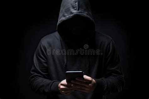 Hacker Using Smartphone Men In Black Clothes Generative Ai Illustration Stock Illustration