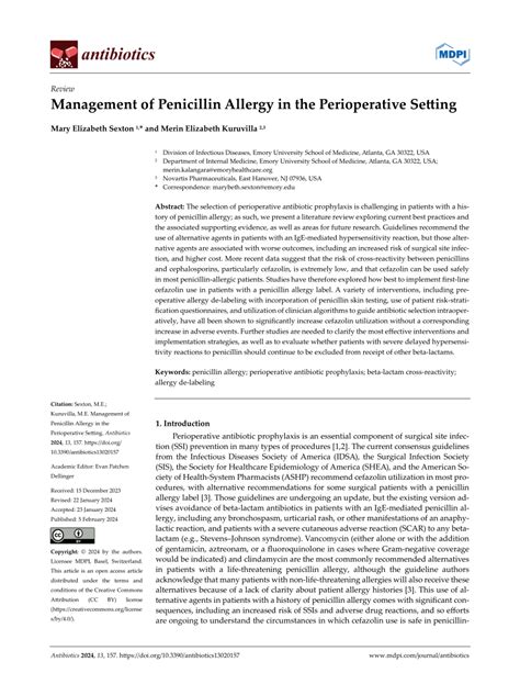 Pdf Management Of Penicillin Allergy In The Perioperative Setting