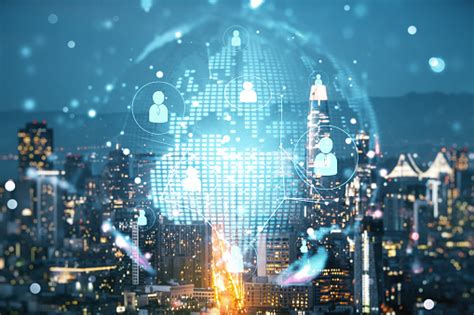 가상 소셜 네트워크 홀로그램과 샌프란시스코 스카이 라인 배경에 세계지도 다중 노출 0명에 대한 스톡 사진 및 기타 이미지 0명 개념 개념과 주제 Istock