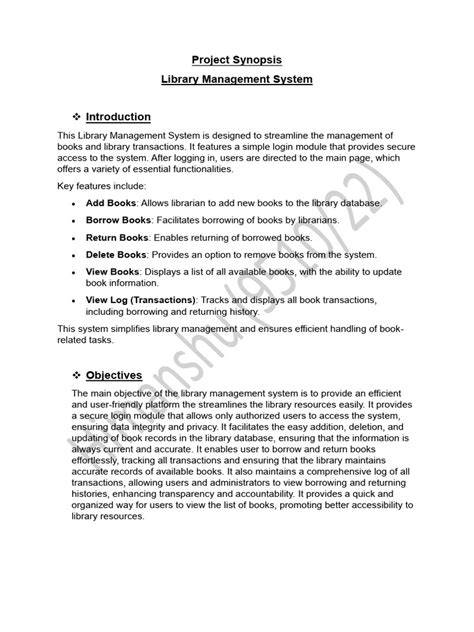 Library Management System Project Synopsis 2 Pdf