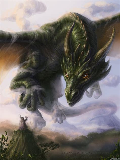 Картинка 900x1200 Зелёный дракон обратил внимание на мелкого человечка Фантастика Драконы