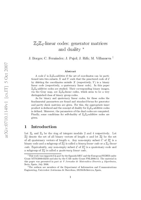 Pdf Linear Codes Generator Matrices And Duality