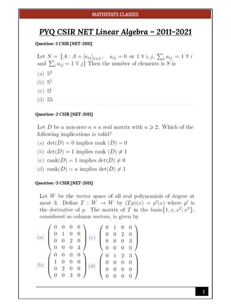 Csir Net Pyq Linear Algebra 2011 2021 Pdf Algebra Mathematics