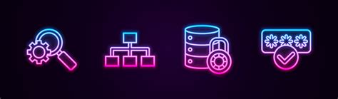 Set Line Magnifying Glass And Gear Hierarchy Organogram Chart Server Security With Lock And