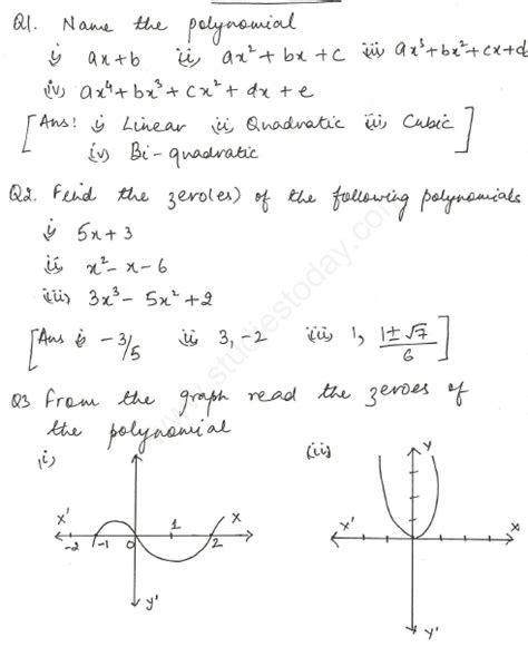 Cbse Class 10 Mathematics Polynomials Assignment Set I