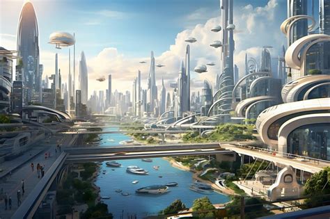 Premium Ai Image Futuristic Cityscape With Sleek Architecture And Unique Transportation Methods