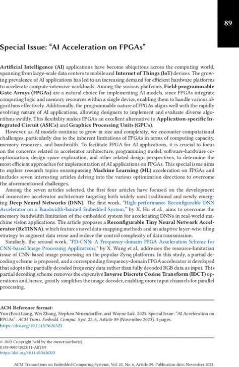 Special Issue “ai Acceleration On Fpgas” Acm Transactions On Embedded Computing Systems