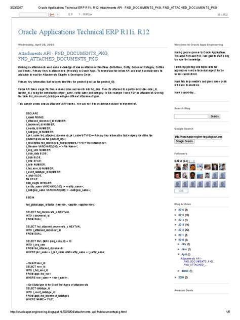 Oracle Applications Technical Erp R11i R12 Attachments Api Fnd Documents Pkg Fnd