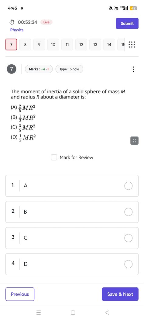 The Moment Of Inertia Of A Solid Sphere Of Mass M And Radius R About A Di