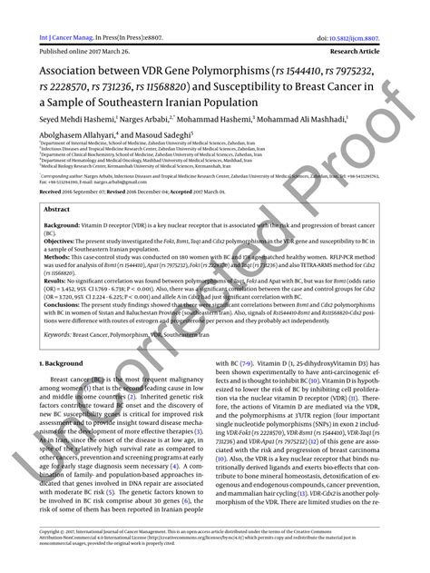 Pdf Association Between Vdr Gene Polymorphisms Rs 1544410 Rs 7975232 Rs 2228570 Rs 731236