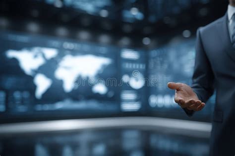Business Professional Gesturing In A Modern Digital Workspace With Global Data Visuals Stock