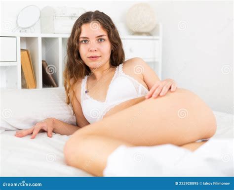 Woman With Long Hair In Underwear Lying On Bed Stock Image Image Of Lingerie European 222928895