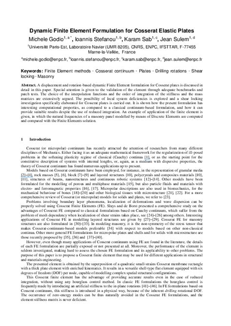 Pdf Dynamic Finite Element Formulation For Cosserat Elastic Plates
