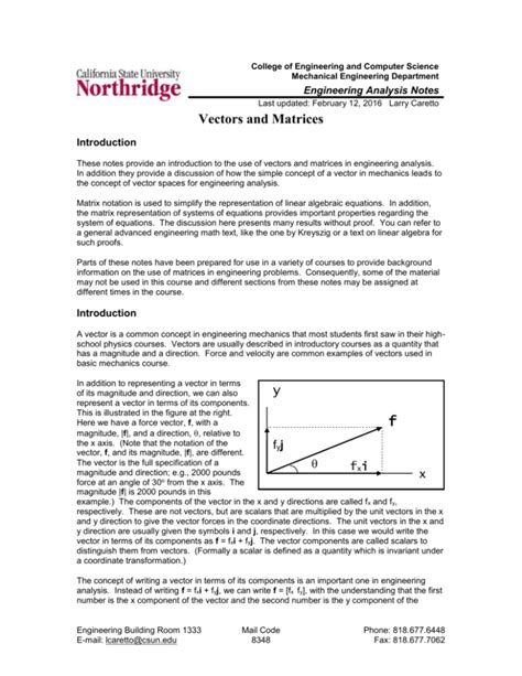 Notes On Vectors And Matrices