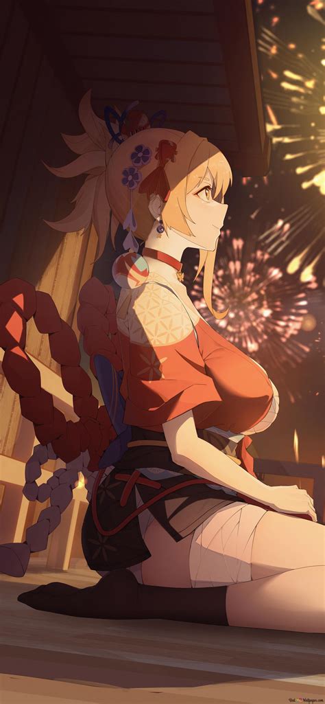 Yoimiya Watching Festival Night Fireworks Genshin Impact 4k Wallpaper