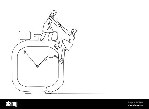 Single Continuous Line Drawing Arabian Businesswoman Helps Colleague Climb Alarm Clock Helping