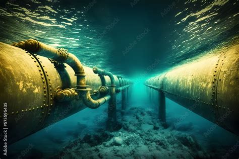 Metallic Yellow Pipe For Transporting Gas Or Oil Underwater At The Bottom The Concept Of Oil
