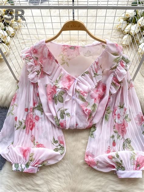 Singreiny Floral Print Loose Shirt Women Lantern Sleeve V Neck Fashion