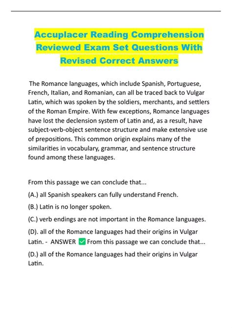 Accuplacer Reading Comprehension Reviewed Exam Set Questions With Revised Correct Answers