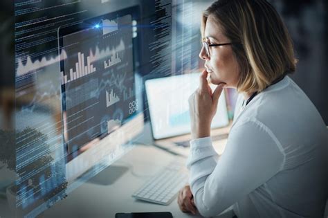 Premium Photo Data Analytics Computer Screen And Woman In Night For Stock Market Research