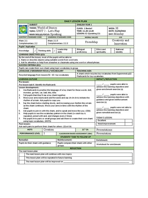 Daily Lesson Plan 1b Pdf Lesson Plan Toys