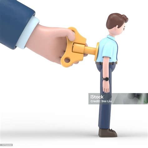 3d 큰 손 돌리는 3d 큰 손은 흰색 배경에 렌더링3d 웃는 아시아 남자 펠릭스의 3d 그림에 열쇠를 감습니다 마리오네트에 대한 스톡 사진 및 기타 이미지 Istock