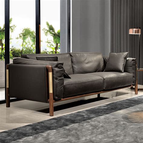 意式轻奢北美黑胡桃木实木真皮沙发头层牛皮北欧极简原木客厅家具 虎窝淘