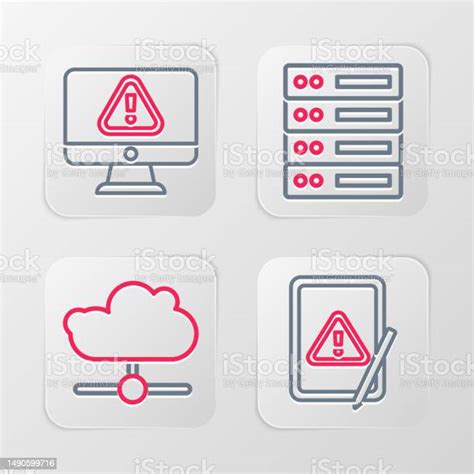 느낌표 네트워크 클라우드 연결 서버 데이터 웹 호스팅 및 모니터 아이콘으로 라인 태블릿을 설정합니다 벡터 개념에 대한 스톡 벡터