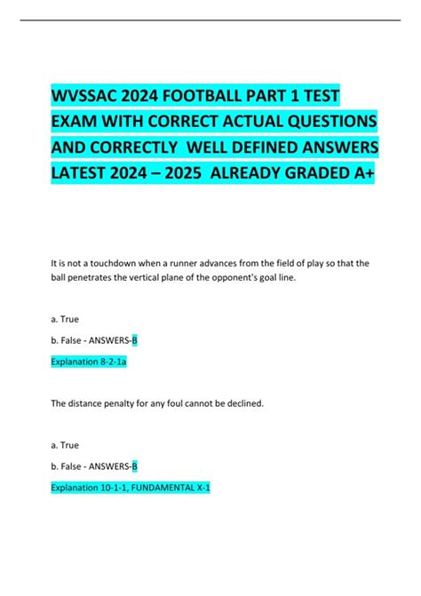 Wvssac 2024 Football Part 1 Test Exam With Correct Actual Questions And Correctly Well Defined