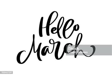 안녕하세요 행진 손으로 그린 서 예 텍스트와 브러시 펜 레터링 휴일 인사말 카드 및 계절 봄 휴일 달력의 초대장에 대 한 디자인 3월에 대한 스톡 벡터 아트 및 기타 이미지
