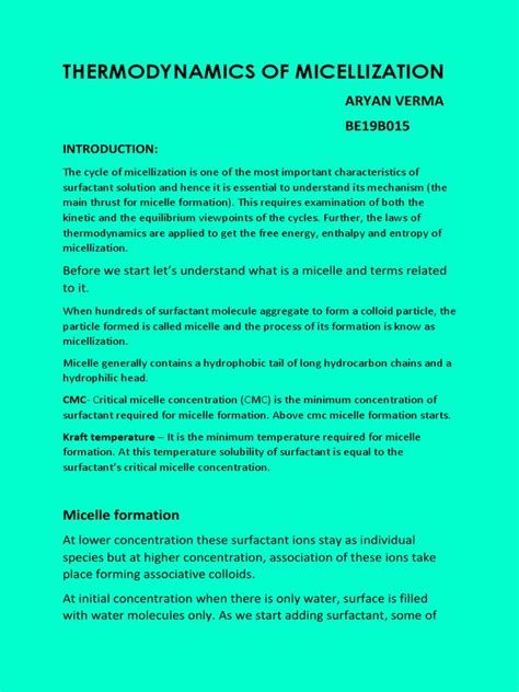 Thermodynamics Of Micellization Pdf Physical Chemistry Chemistry