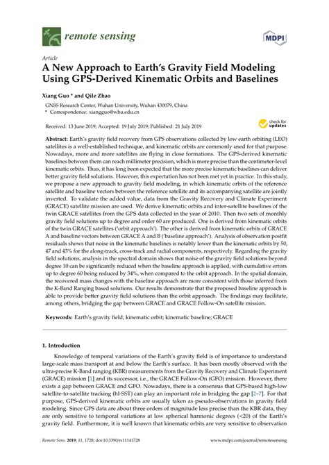Pdf A New Approach To Earths Gravity Field Modeling Using Gps Derived Kinematic Orbits And