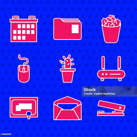 선인장과 즙을 냄비 봉투 사무실 스테이플러 라우터 와이파이 신호 인증서 템플릿 컴퓨터 마우스 전체 휴지통 및 캘린더 아이콘으로