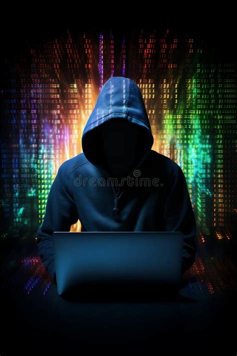 Hacker On A Laptop A Man Wearing A Hood On A Laptop Image Made Up Of Colorful Binary Code