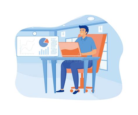 Data Scientist Job Concept Man Sitting With His Computer Is Evaluating Performance On Graphic