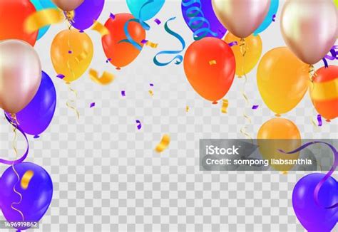 풍선과 색종이 조각이 있는 다양한 색상의 배경을 축하합니다 벡터 그림입니다 검은색에 대한 스톡 벡터 아트 및 기타 이미지 검은색 공란 공휴일 Istock