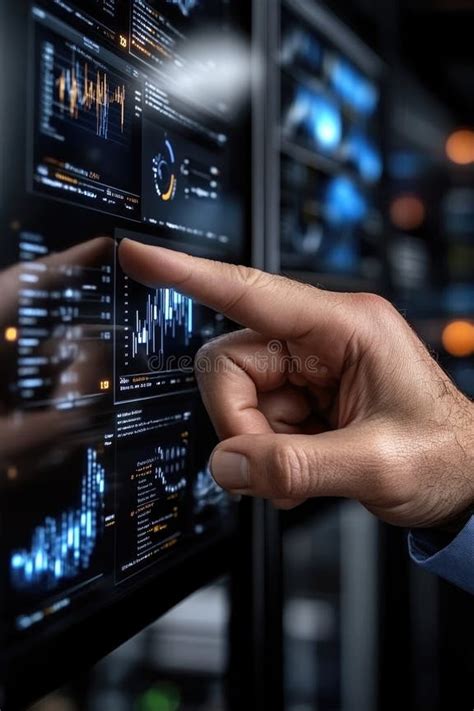 A Hand Interacts With A Touchscreen Displaying Complex Data Visualizations In A Modern Dimly