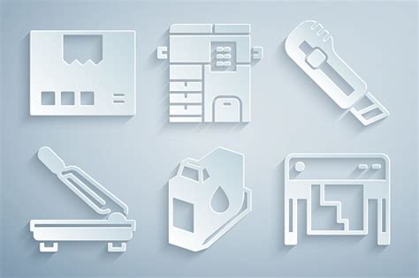 프린터 잉크 카트리지 문구 칼 종이 커터 플로터 복사기 및 판지 판지 상자 아이콘을 설정합니다 벡터 3차원 형태에 대한 스톡