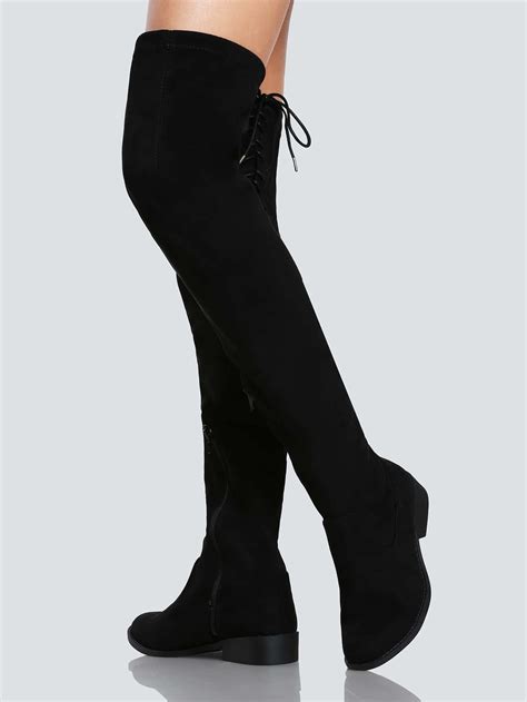 Faux Suede Back Lace Up Thigh High Boot Black Sheinsheinside